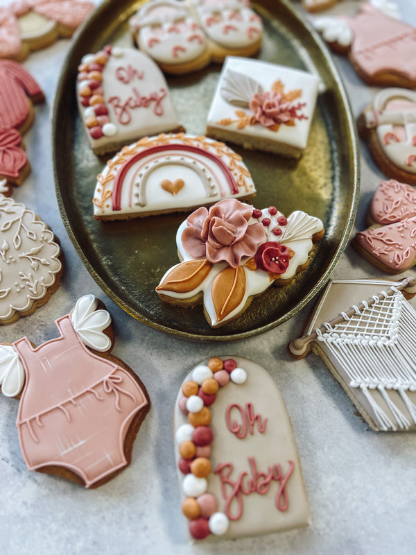 Pink Boho Baby Shower Cookies - Sticks and Scones Cakes